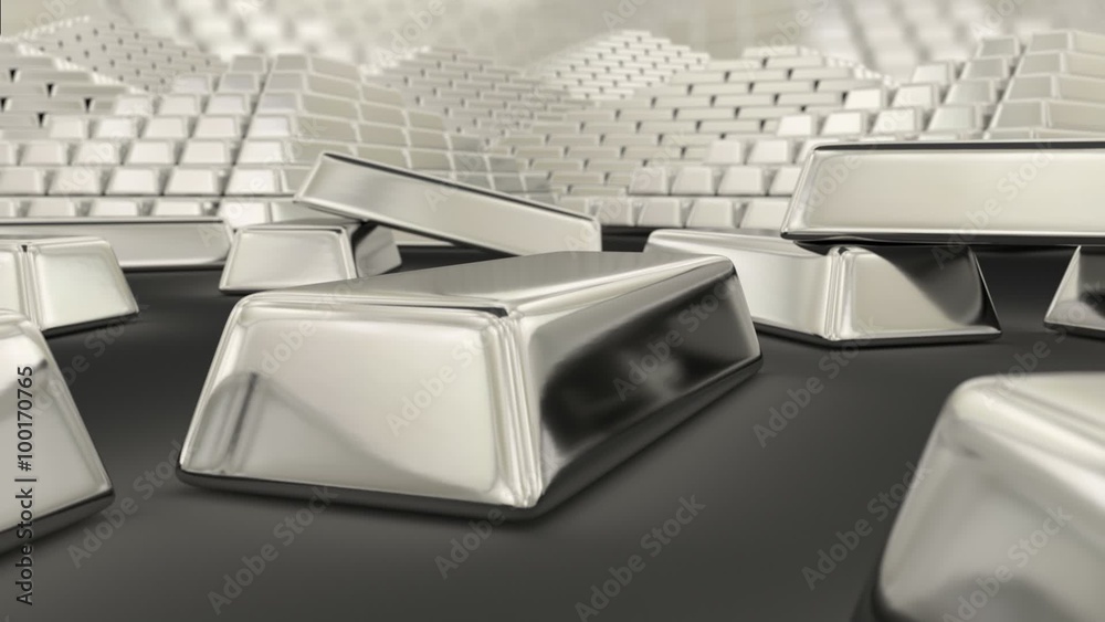 Animated falling and bouncing realistic bar of silver in dark space 3 ...