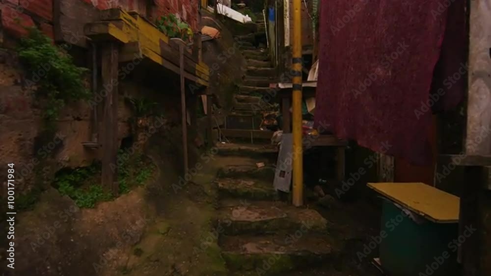RIO DE JANEIRO, BRAZIL - JUNE 23: Tracking Shot up a flight of narrow ...