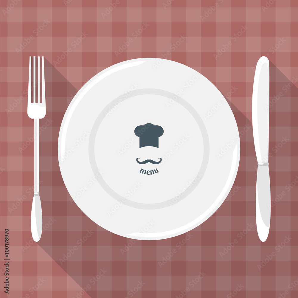 Plate, knife and fork with long shadows. Dining etiquette. Foods ...