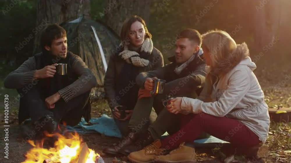 Group of people sit in a forest next to a campfire with warm drinks from thermos and talk. Shot ...