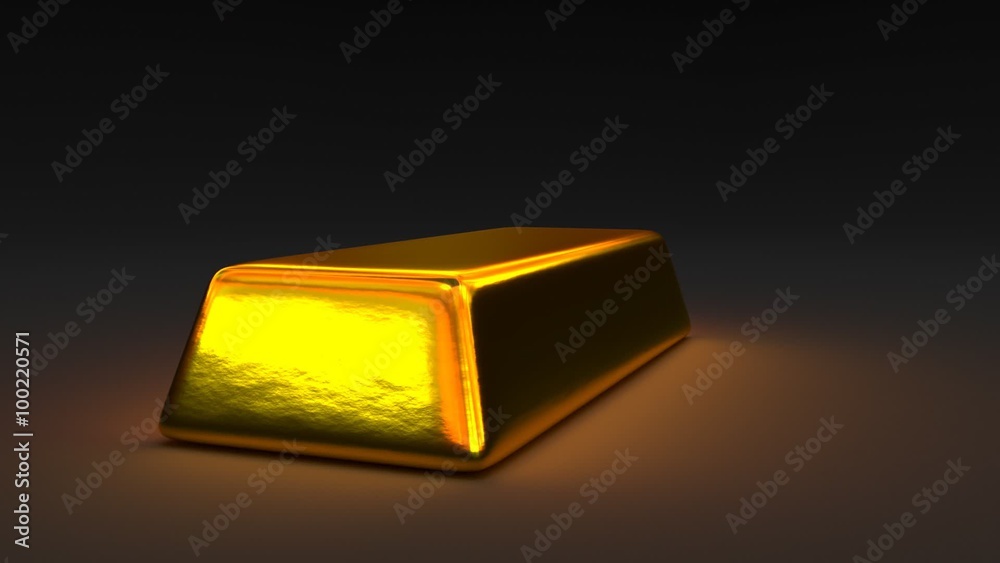 Animated falling and bouncing realistic bar of gold in dark space ...