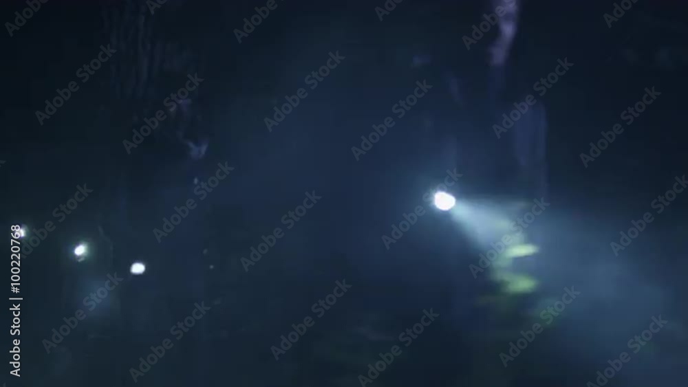 People with flashlights are running around forest in the dark at night ...