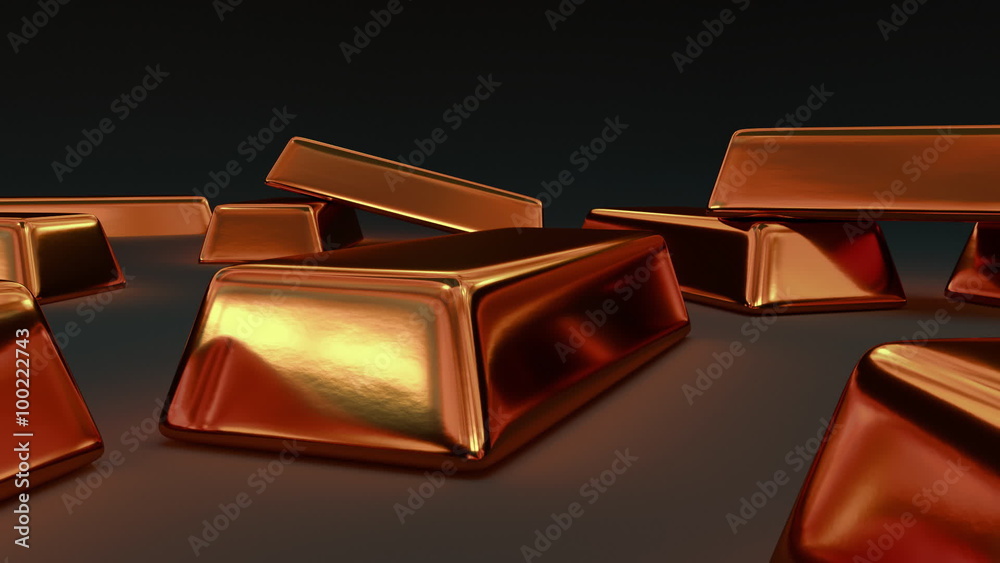 Animated falling and bouncing realistic bar of copper in dark space ...
