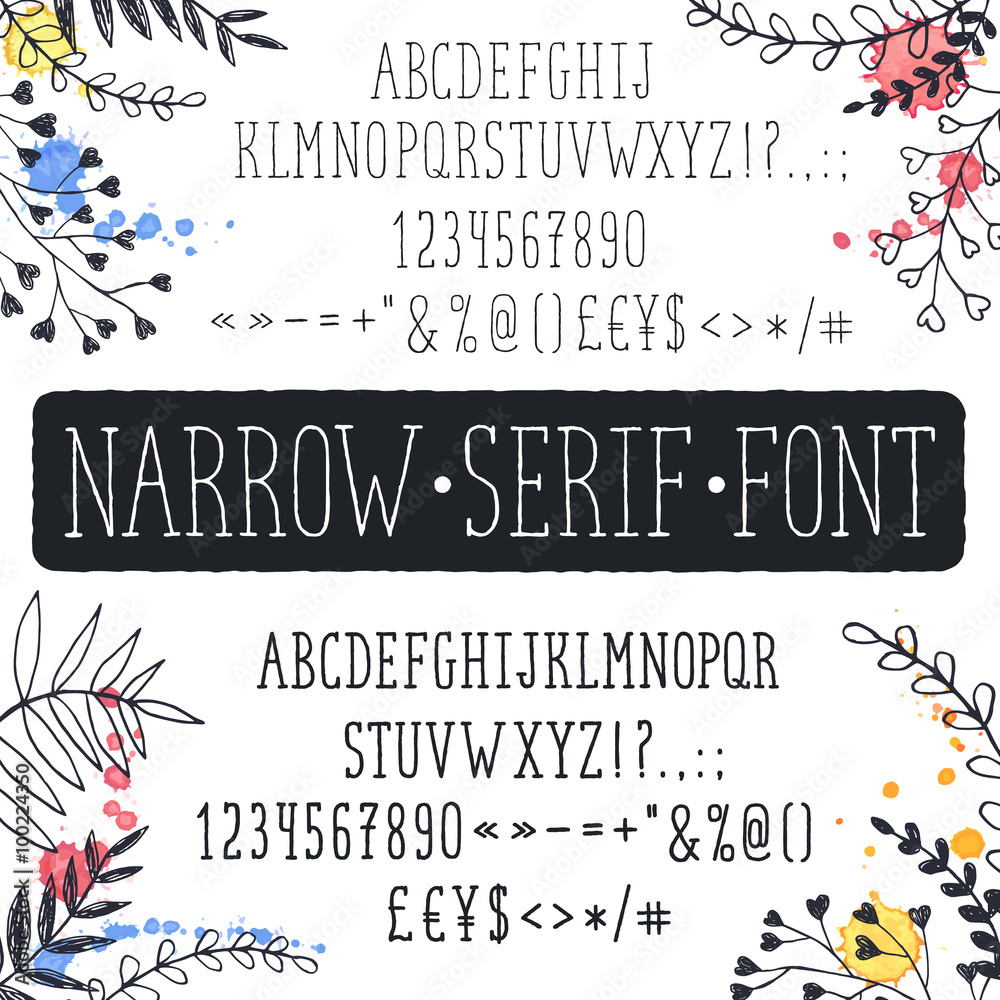 Hand drawn narrow alphabet. Uppercase tall and thin letters and symbols ...