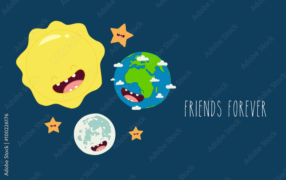 Cute cartoon planet earth, sun, moon and star. Earth day background ...