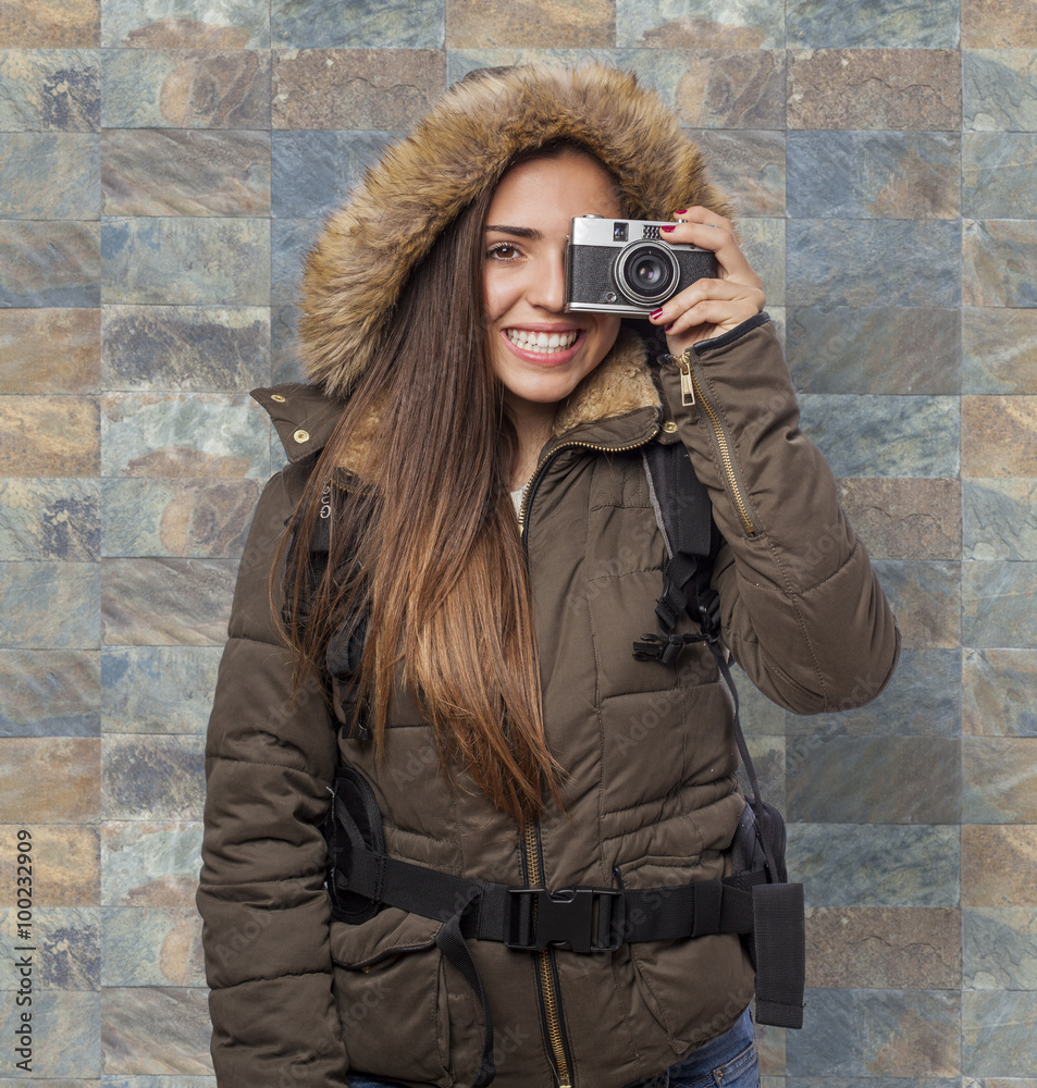 beautiful young woman hiker taking a photo with the camera Stock Photo ...