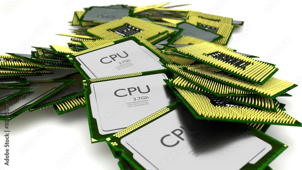 Animated realistic CPUs (Central Processing Unit) micro chips falling ...