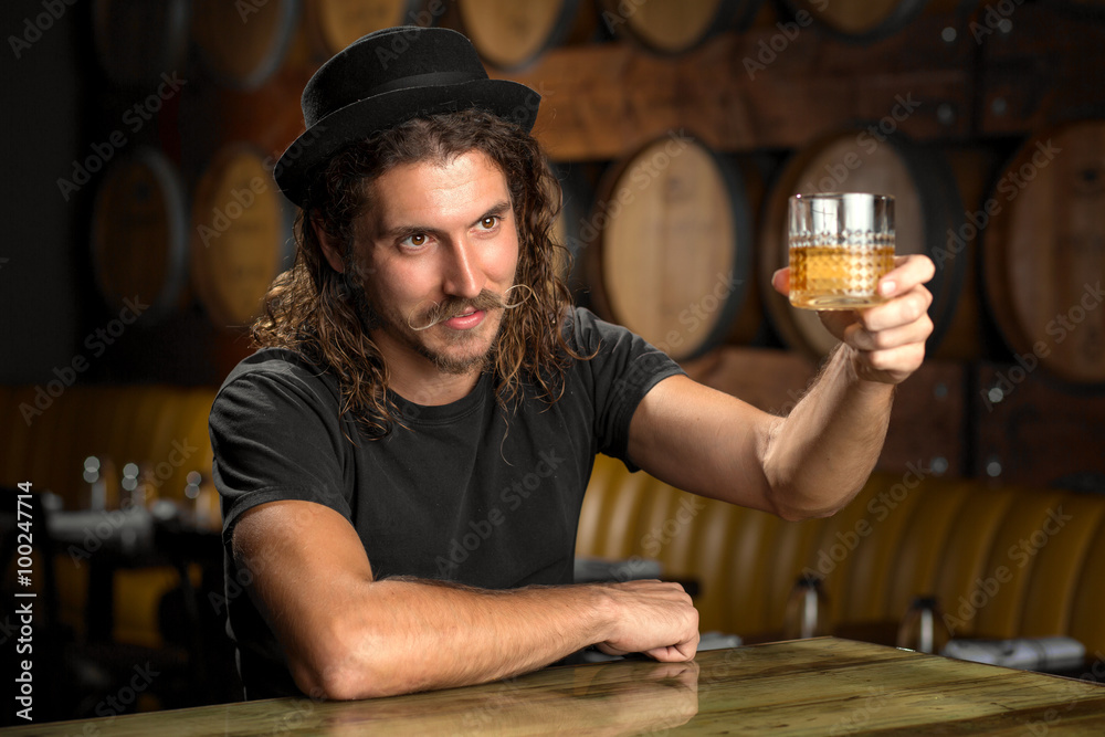 Whisky glass cheers stylish man drinking bourbon at a whiskey ...