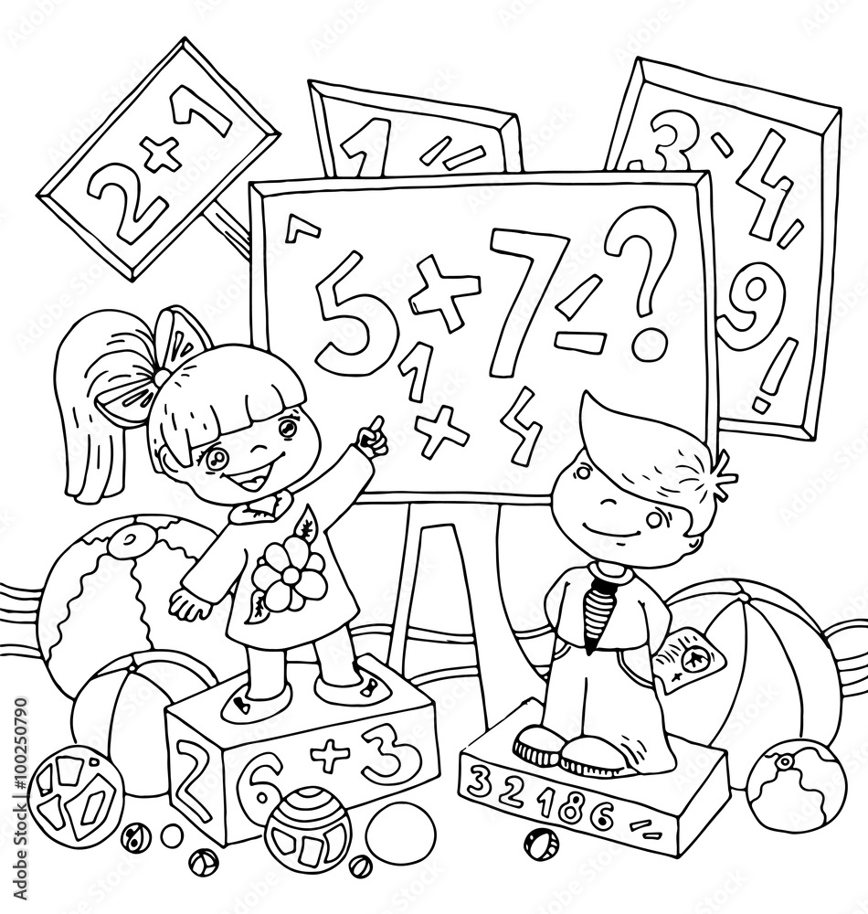 the children teach on the blackboard new exercise cartoon outline hand ...