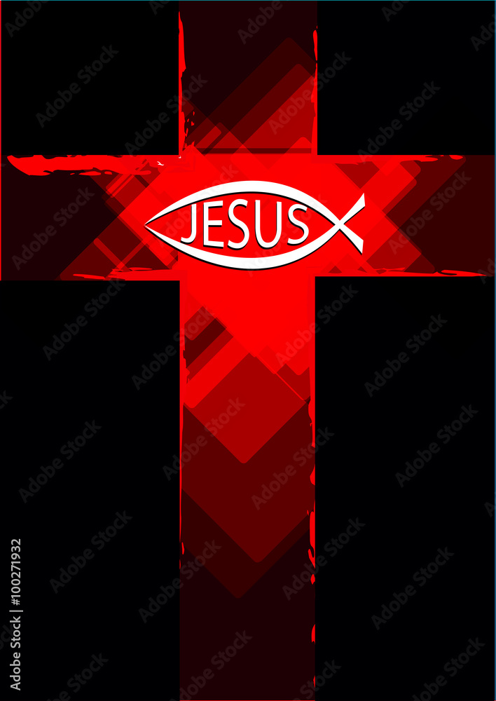 Grunge Red Cross with a Ichthys Fish symbol and Jesus Text Stock Vector ...