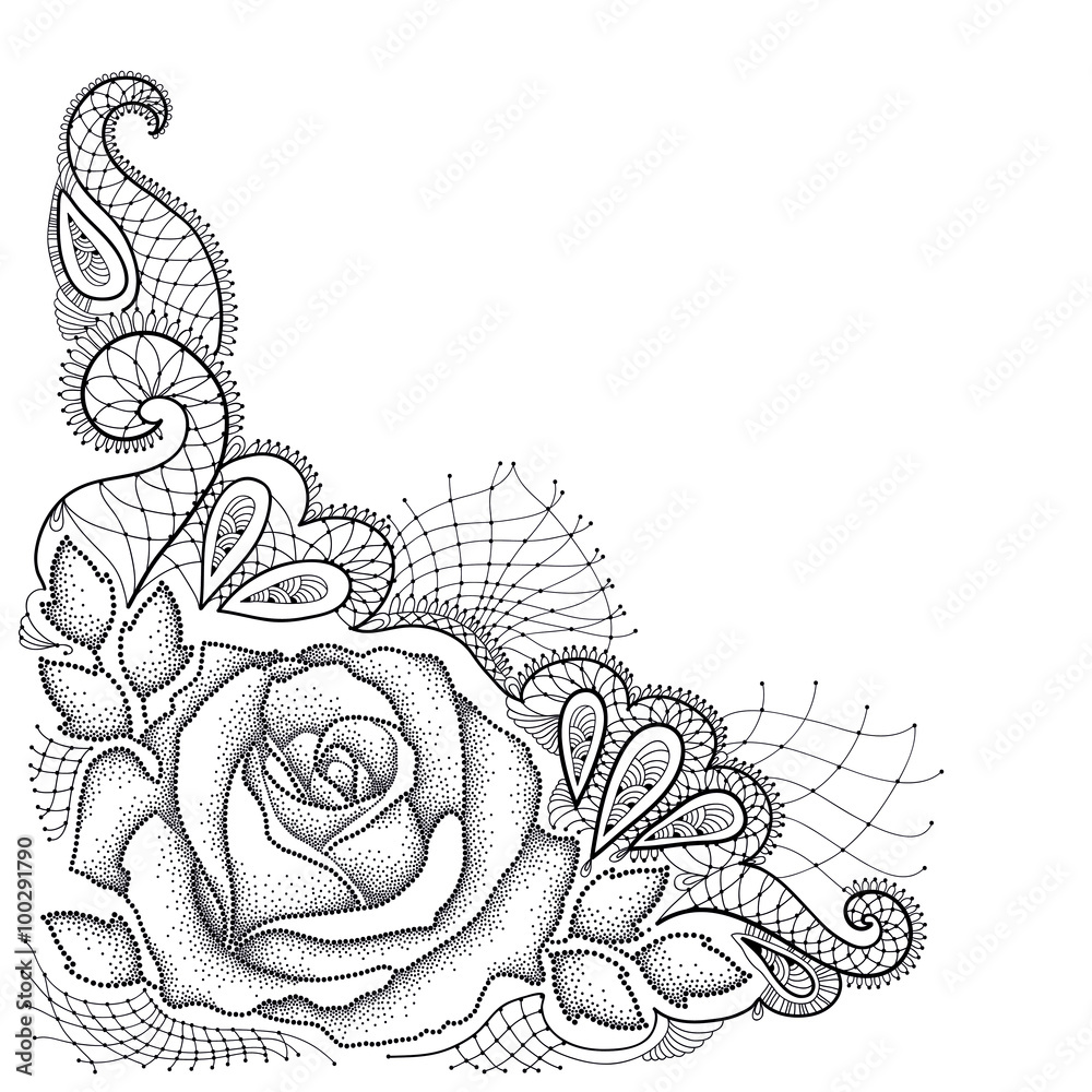 Dotted rose with leaves and decorative lace in black isolated on white ...