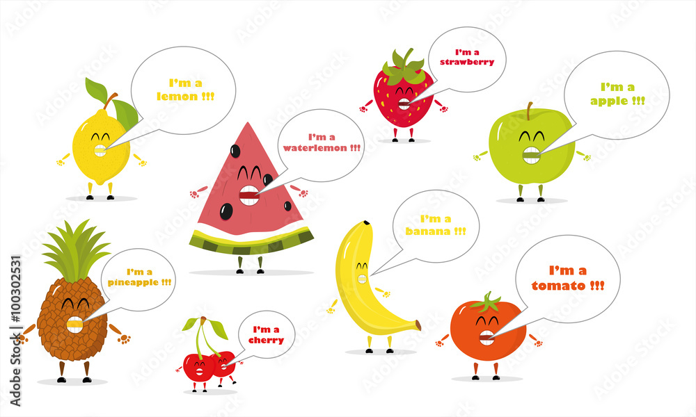 Cartoon fruits and vegetables in flat style. Strawberry, banana, apple ...
