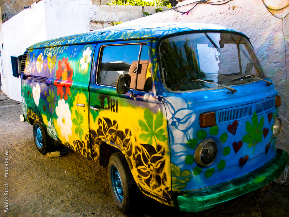 Colorful hippie car. Photographed at the first "Matala hippies reunion ...