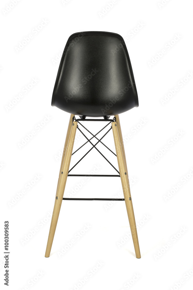 Black Plastic Bar Stool with Wooden Legs on White Background, Rear View ...