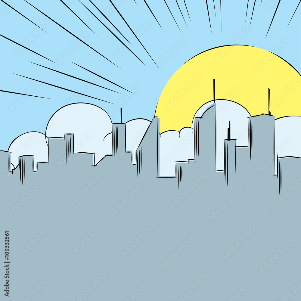 Vector comic cartoon background with cityscape, clouds and Sun Stock ...