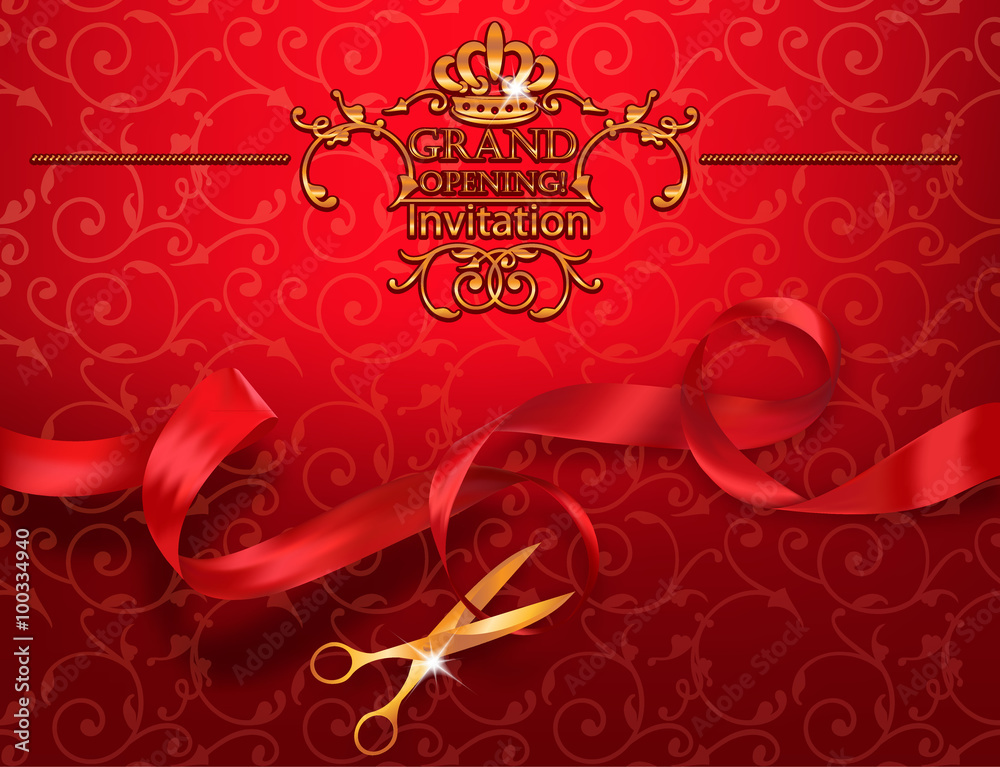 Red grand opening invitation card with scissors and red ribbon Stock ...