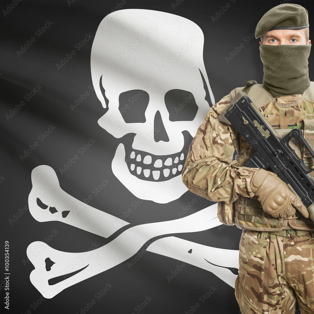 Poster Soldier with machine gun and USA state flag on background ...