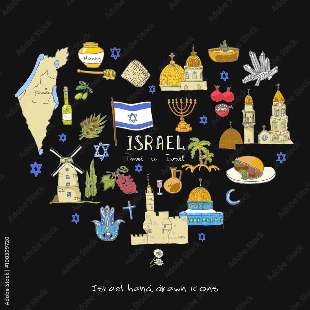 Set of hand drawn Israel icons, Jewish sketch illustration, doodle ...