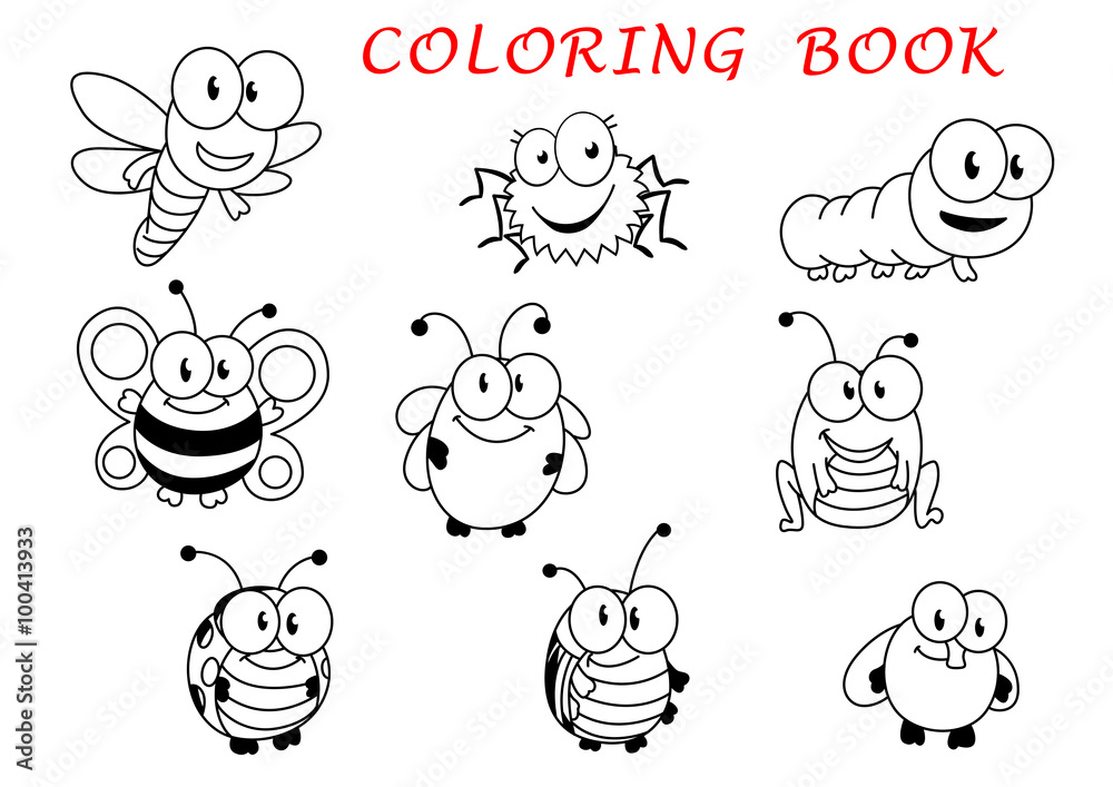 Cartoon funny outline insect characters Stock Vector | Adobe Stock