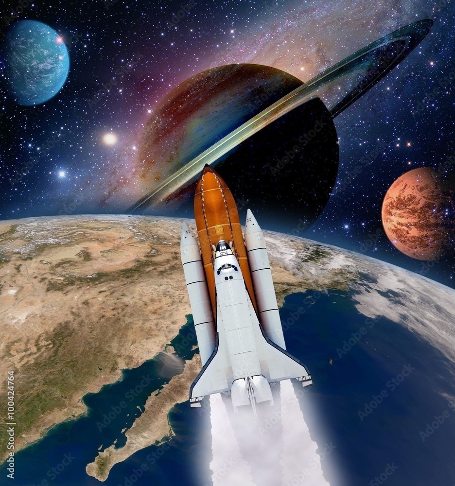 Shuttle rocket ship launch milky way galaxy saturn planet moon space ...