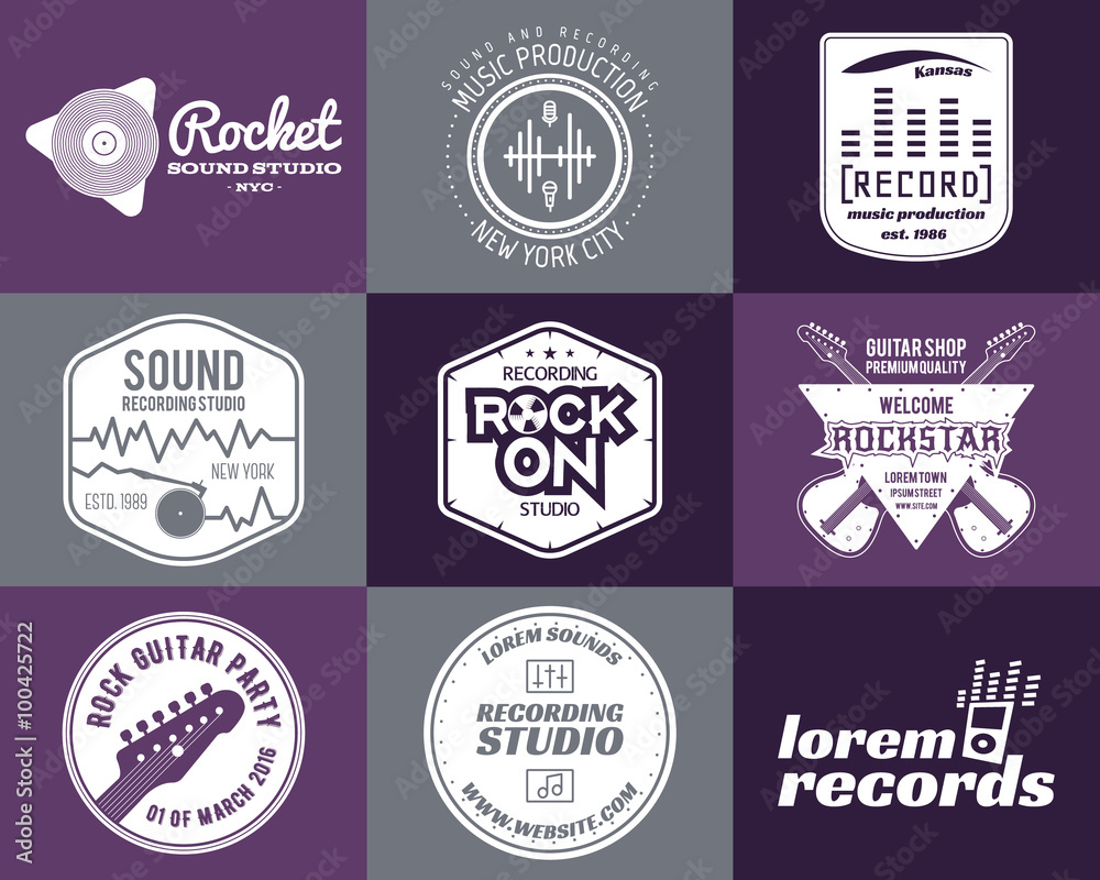 Set of vector music production logo Musical label icons. Music patch ...