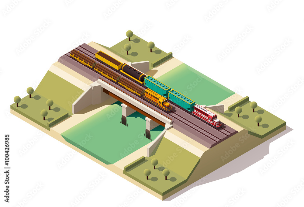 Vector isometric train bridge Stock Vector | Adobe Stock