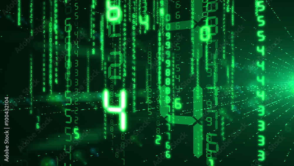 Green Numbers in Digital Code falling in rays of flashing light ...