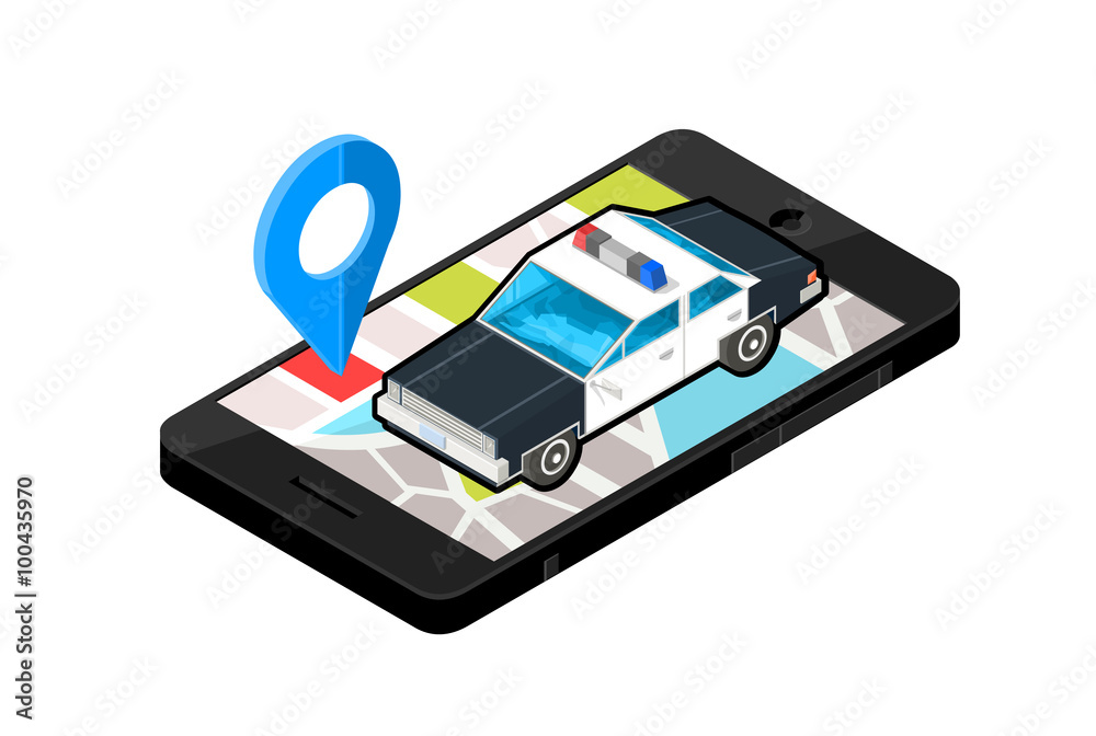 Isometric vector Smartphone Map - Police Service. Phone Icon with city ...
