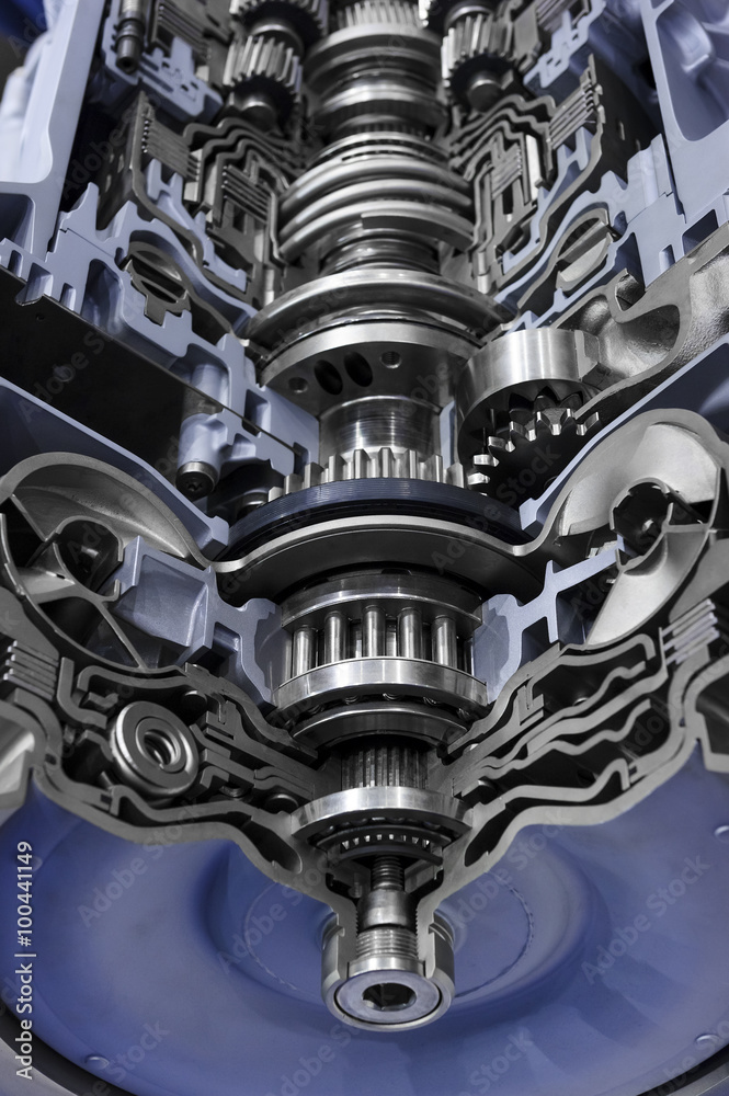 Gearbox cross-section, engine industry, sprockets, cogwheels and ...