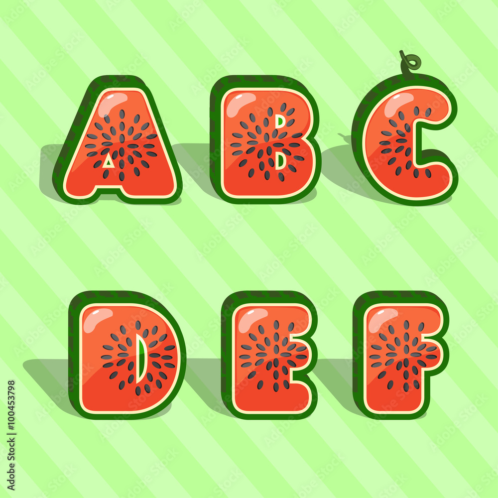 Watermelon font. Cartoon fruit alphabet. Summer design element. kids letters. Part of set ...