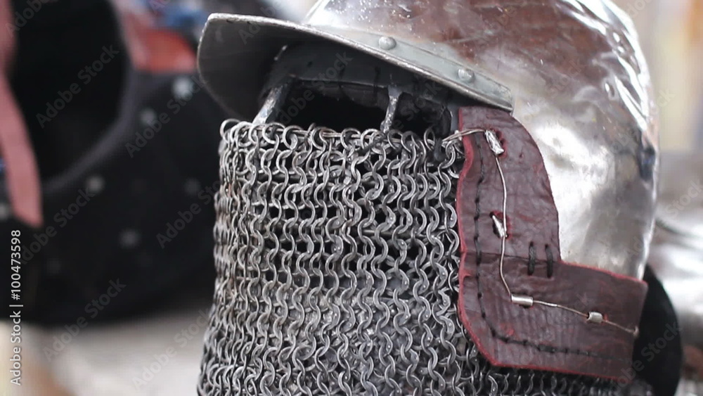 Steel helmet with chain mail face mask, medieval blacksmith armour ...