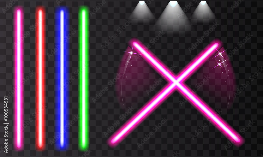 Colorful laser beam. Light swords on isolated transparent black ...