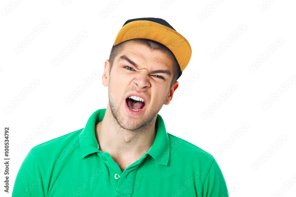 Young man saw something disgusting - isolated on white. Stock Photo ...