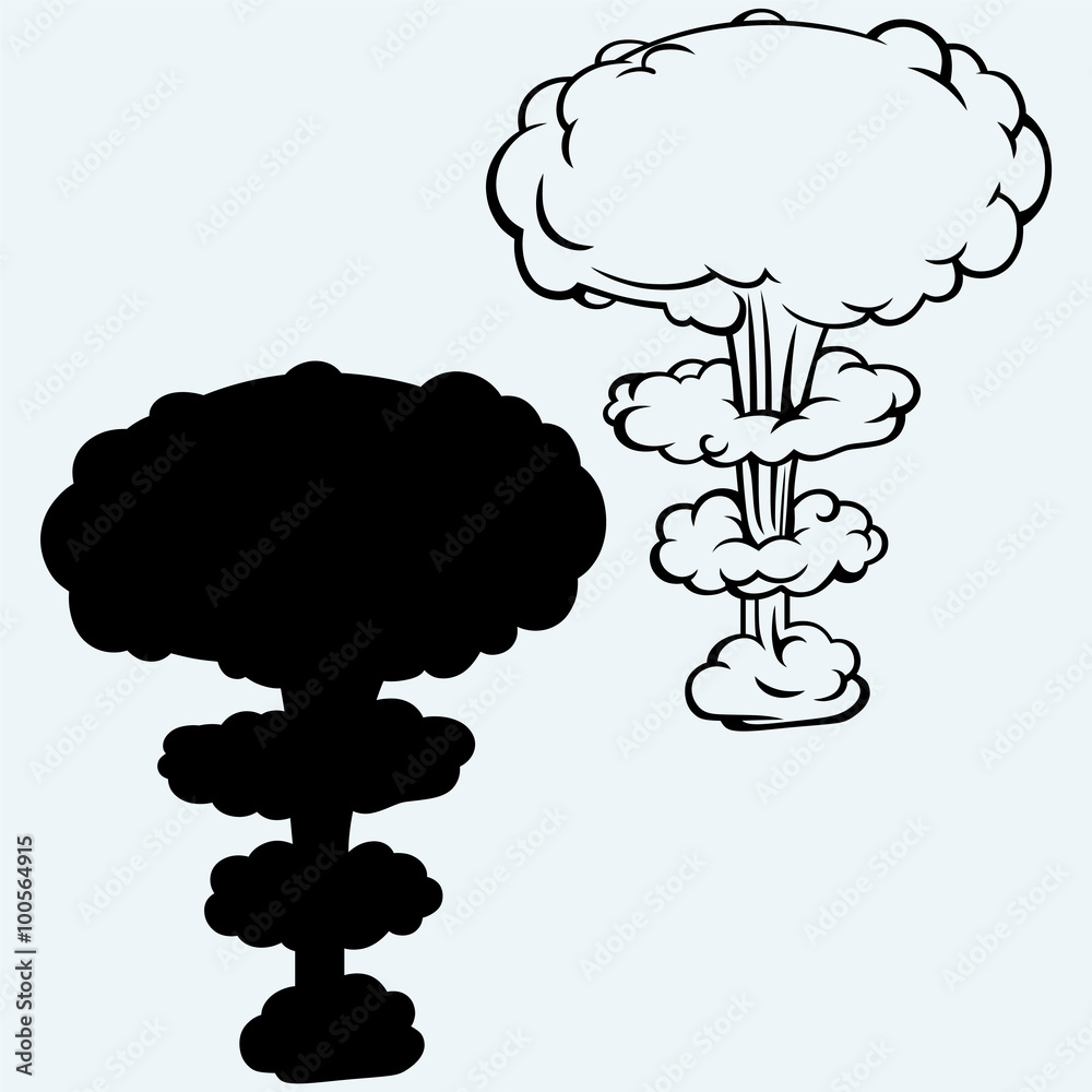 Explosion nuclear bomb. Isolated on blue background. Vector silhouettes ...
