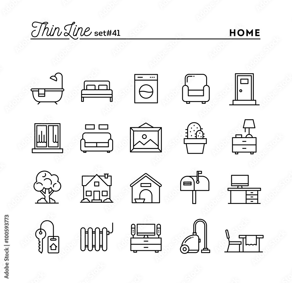 Home, interior, furniture and more, thin line icons set Stock Vector ...