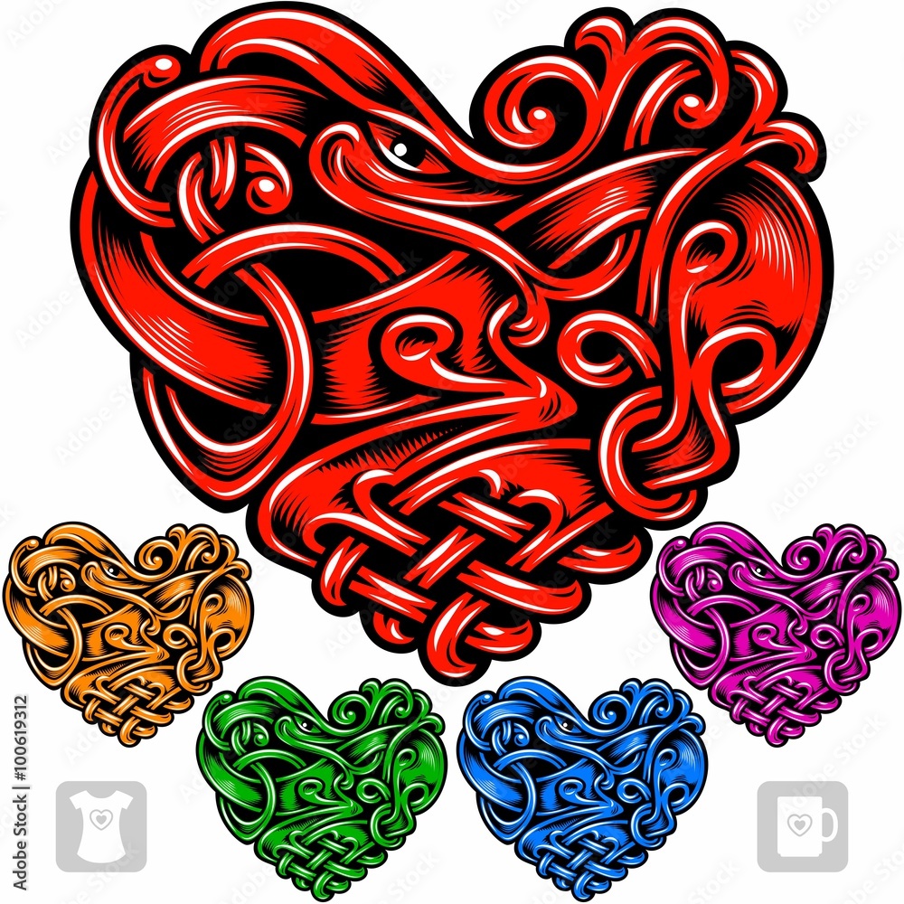 Vector set of celtic pattern in the shape of heart. Red, golden, green ...