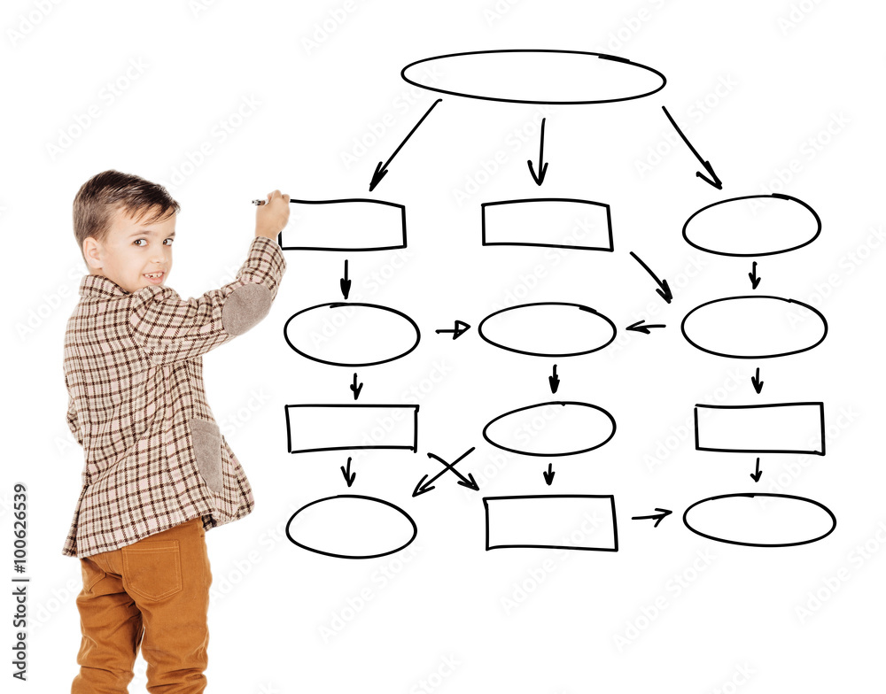 young boy draws a diagram and scheme of a marker isolated on white ...
