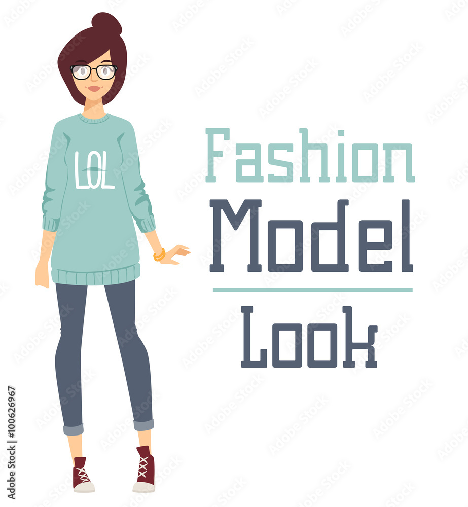Beautiful vector cartoon fashion girl model constructor look standing ...