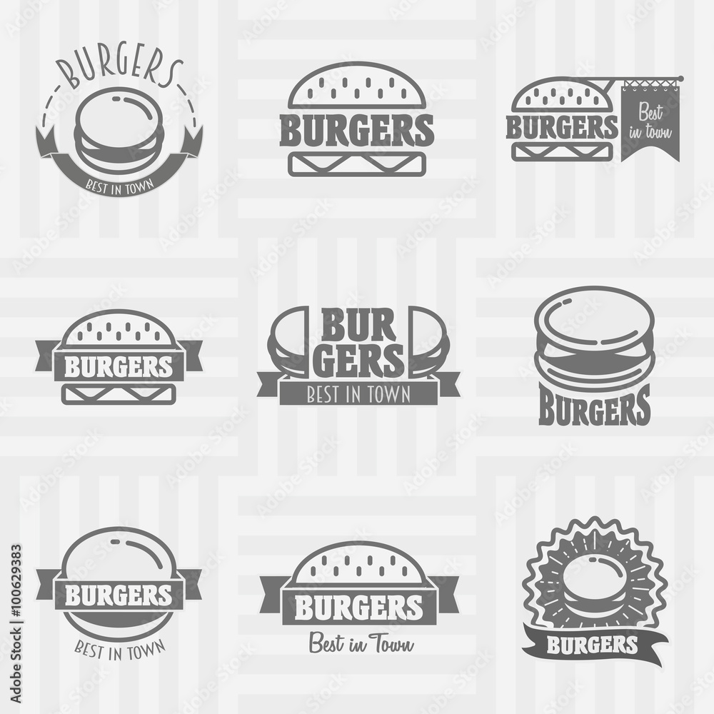 Vector vintage fast food logo set with burgers. Logotypes, labels and ...