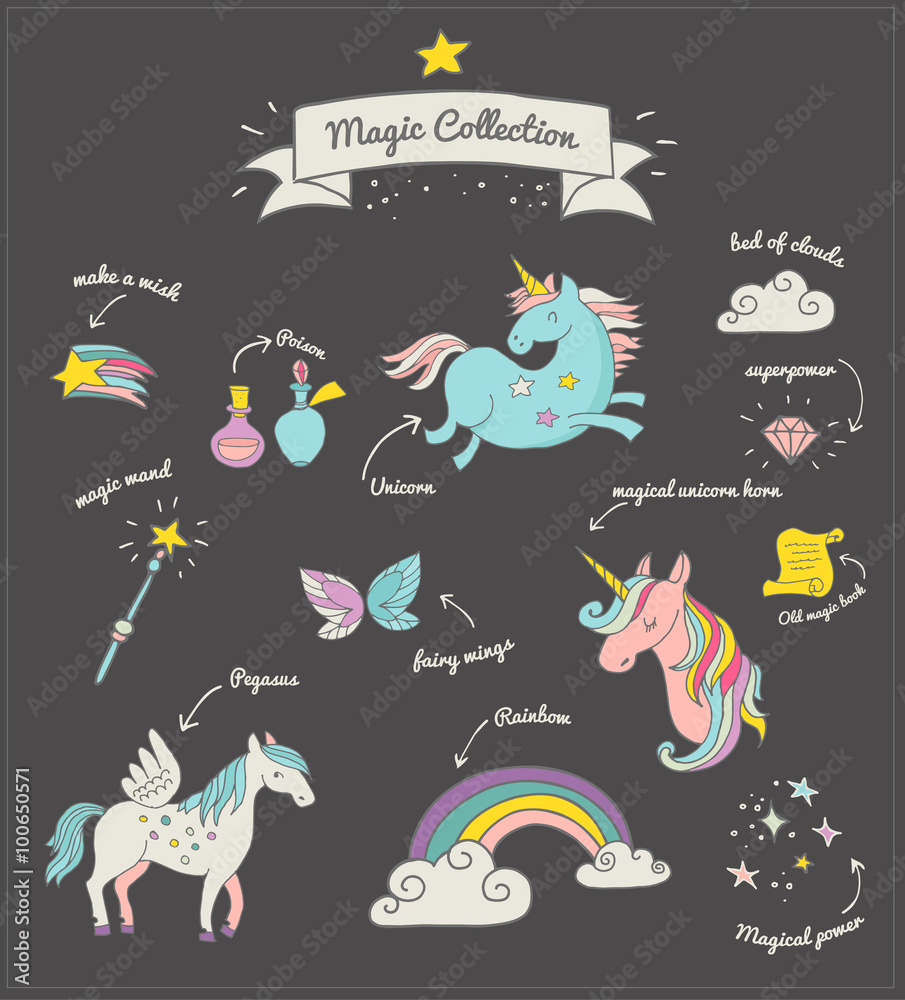 Magic hand drawn set - unicorn, rainbow and fairy wings Stock Vector ...