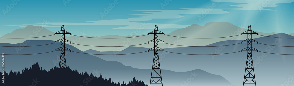 Transmission power lines on a beautiful landscape background Stock ...