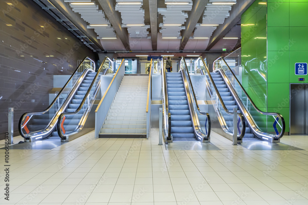 Top view of escalators, green color combination. panoramic angle of ...