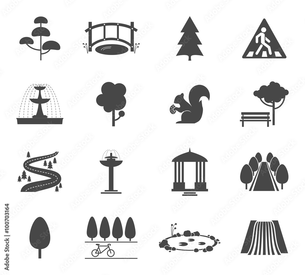 Park icons vector set. Symbol tree, nature wood, plant and environment ...