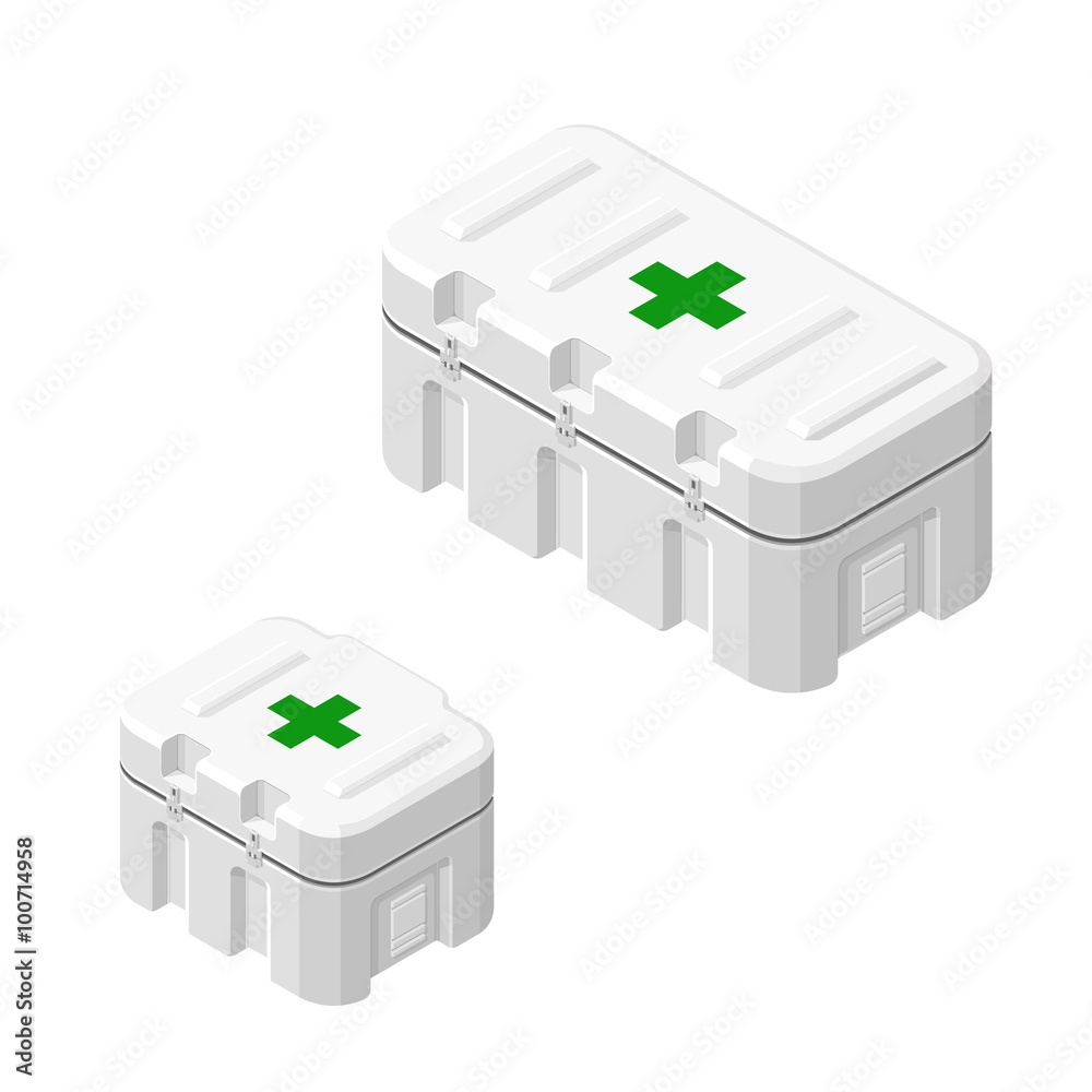 Isometric vector illustration icon of a set of first aid emergency ...