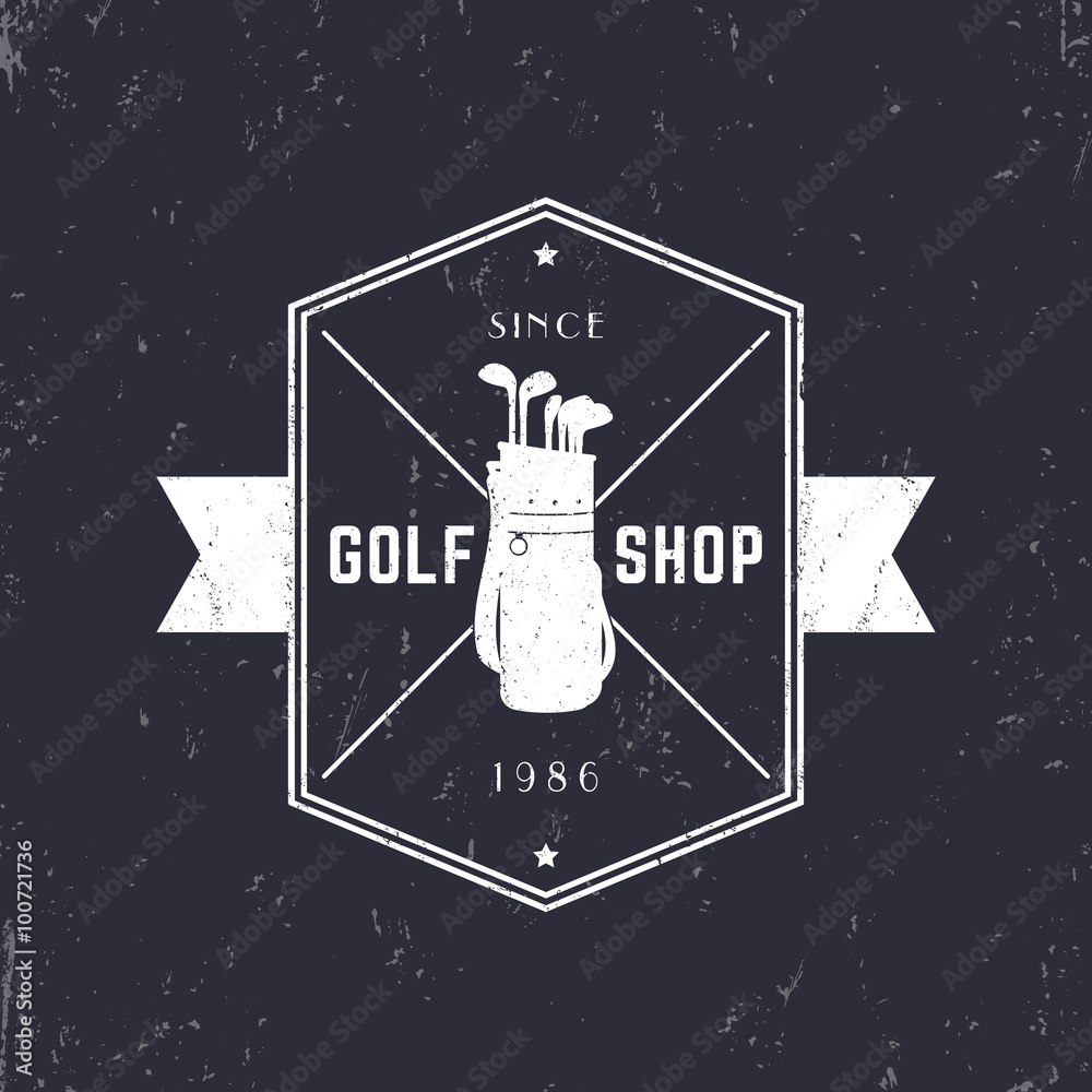 Golf Shop vintage grunge emblem, logo with golf bag and clubs, vector ...