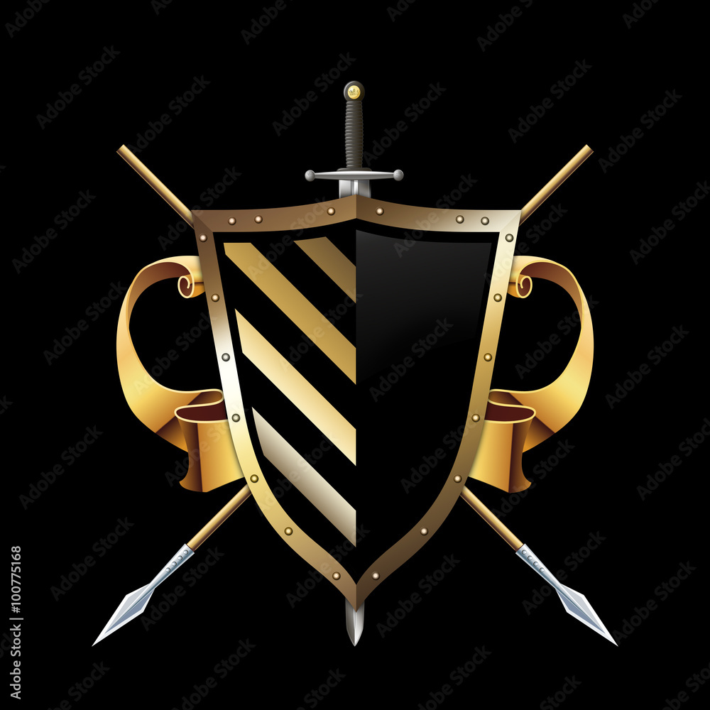 Gold heraldic shield with spears,sword and gold ribbon. Stock ...