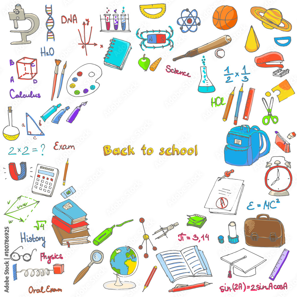 Freehand drawing school items, Back to School. Hand drawing set of ...