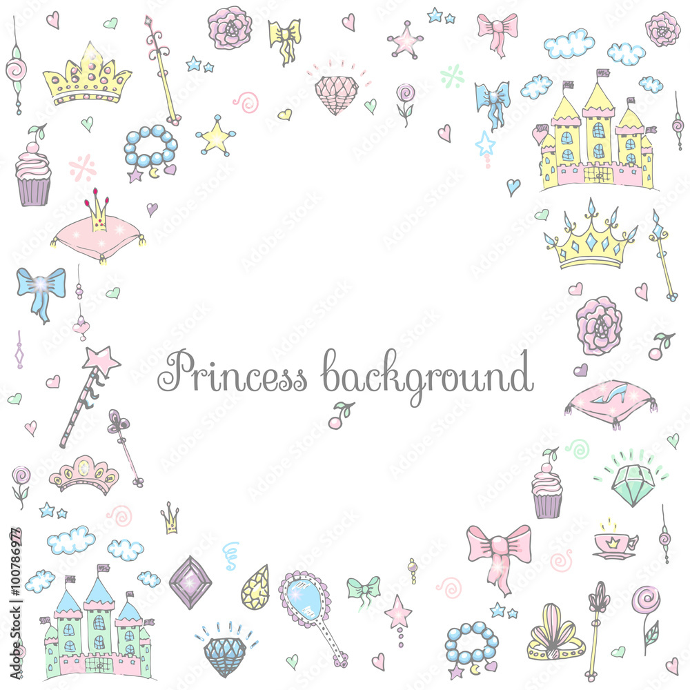 Hand-Drawn Vintage Princess Girl Set, Doodle Design Elements, Sketchy ...