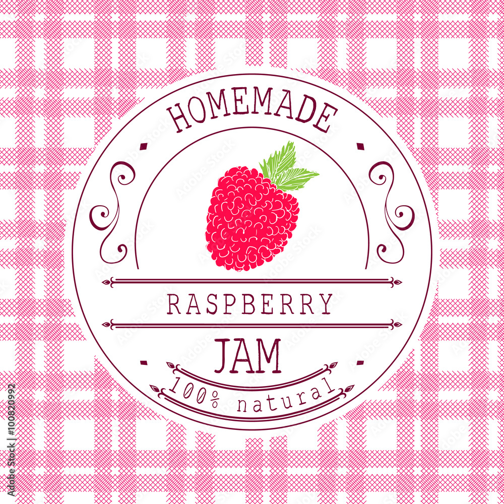 Jam label design template. for raspberry dessert product with hand ...