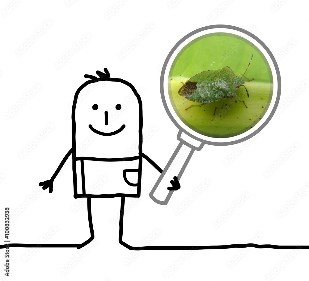 cartoon man observing a bug with a magnifying glass Stock Illustration ...